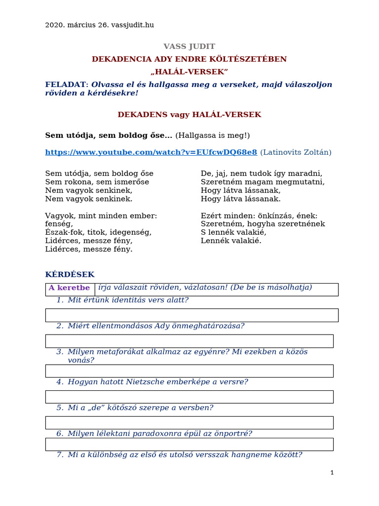 ADY ENDRE HALÁL VERSEK Feladatlap | PDF