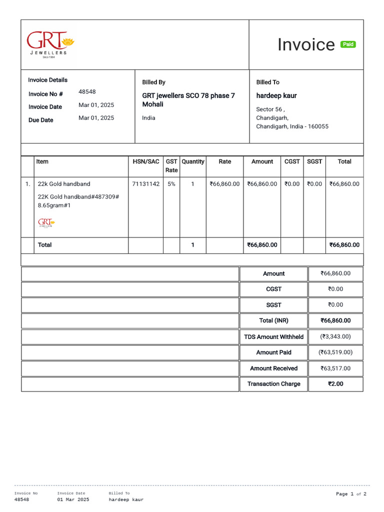 Invoice 48548 GRT Jewellers Sco 78 Phase 7 Mohali Hardeep Kaur | PDF ...