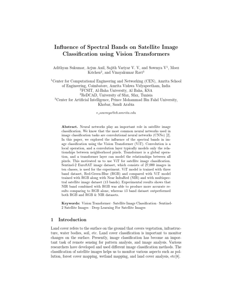 Influence of Spectral Bands On Satellite Image Classification Using Vision Transformers | PDF ...