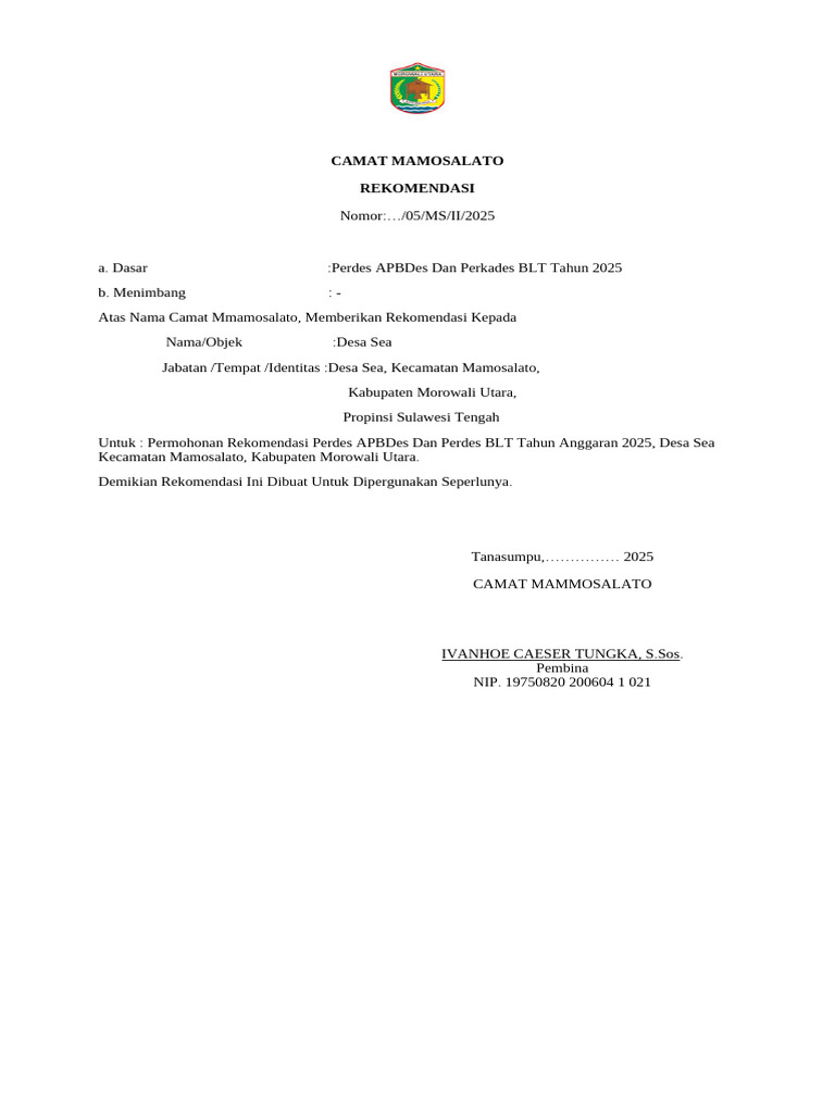 Surat Rekomendasi Camat | PDF