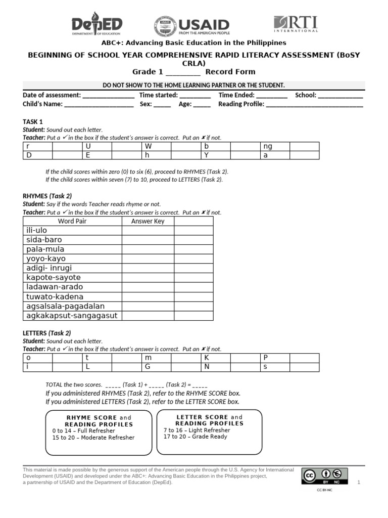Grade 1 CRLA Assessment Record Form | PDF | Learning | Cognition