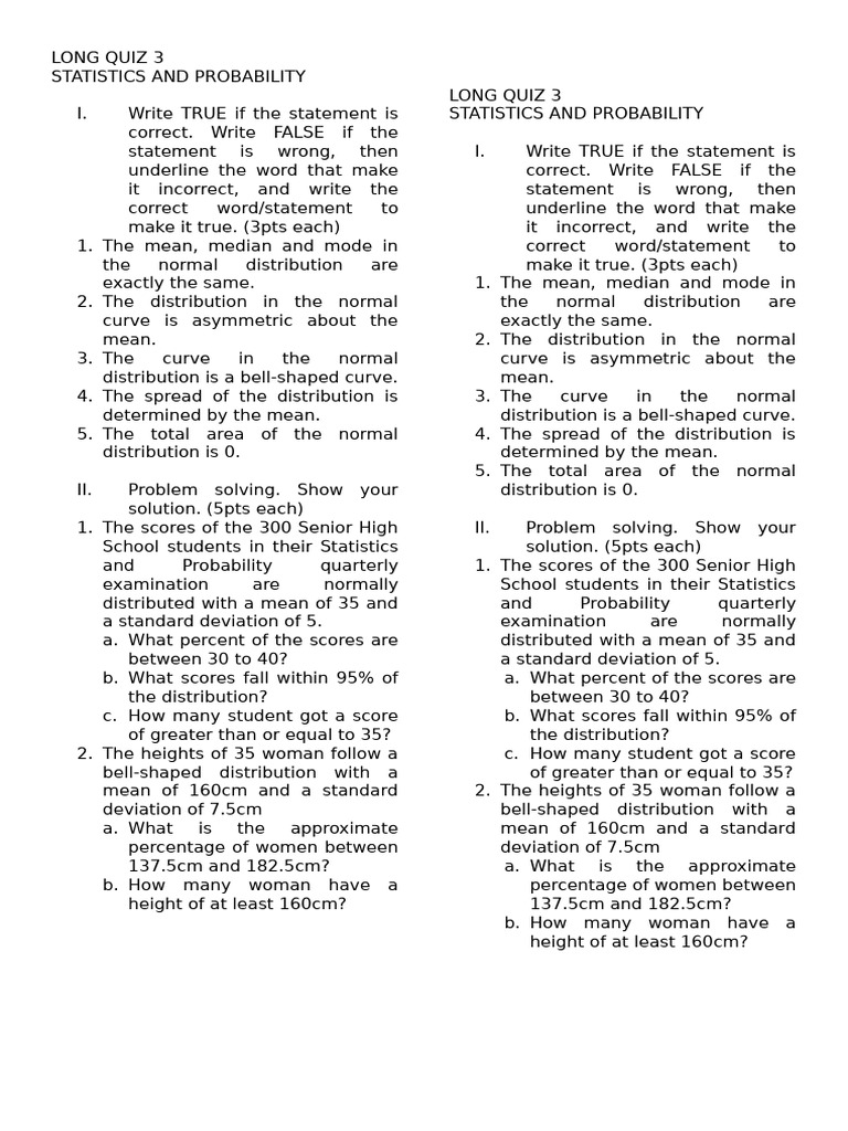 Statistics and Probability Quiz Guide | PDF | Mean | Normal Distribution