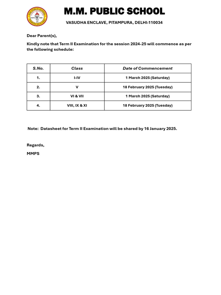 Term II Exam Schedule 2024-25 | PDF