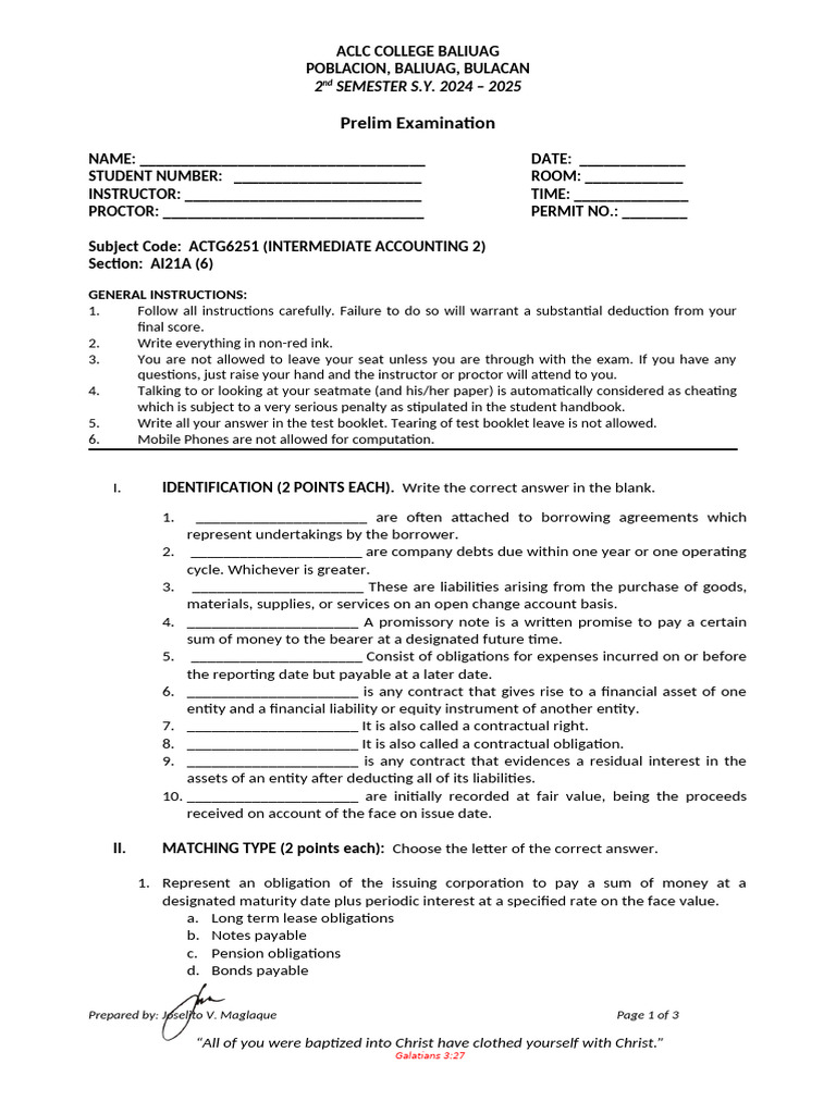 ACLC Baliuag Prelim Exam: ACTG6251 | PDF | Bonds (Finance) | Promissory ...