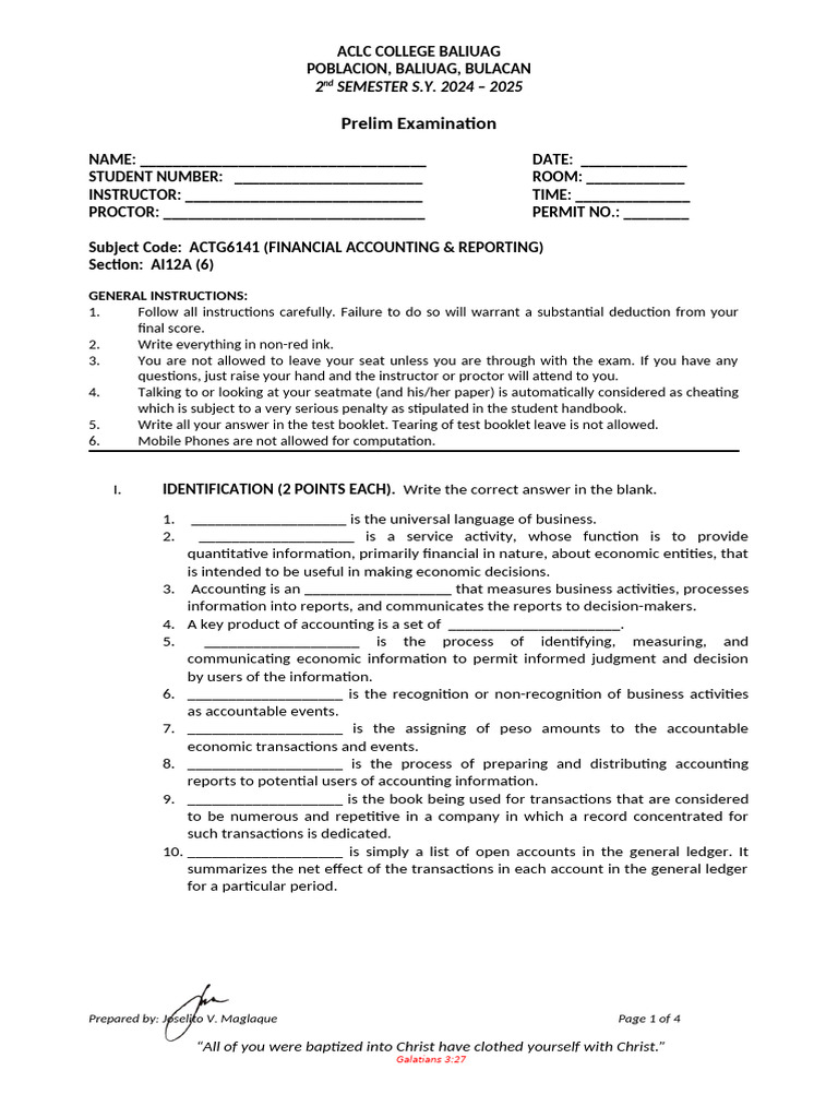 Financial Accounting Prelim Exam 2024 | PDF | Equity (Finance) | International Financial ...