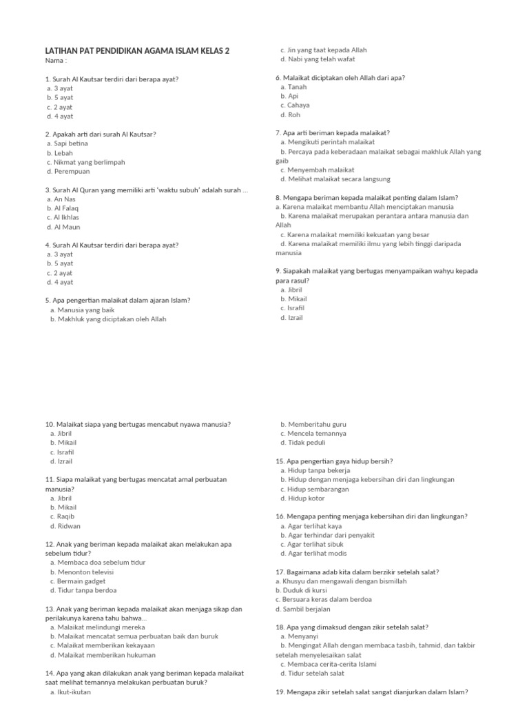 Latihan Pat Pendidikan Agama Islam Kelas 2 | PDF