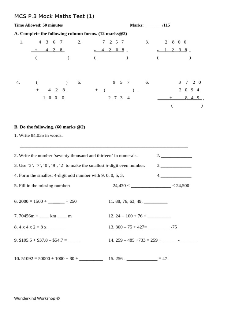 MCS P3 1st Term Math Test | PDF | Mathematics | Numbers