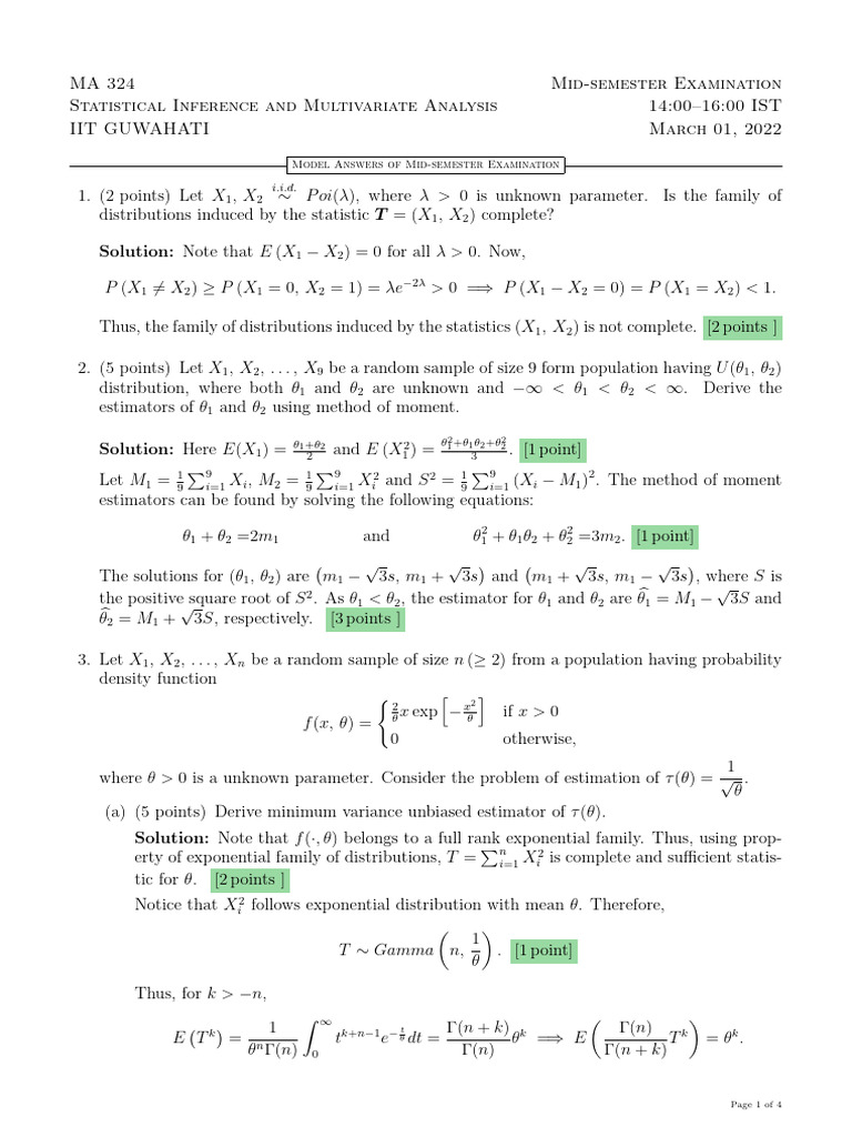 MA324 Midsem Soln | PDF | Bias Of An Estimator | Estimator