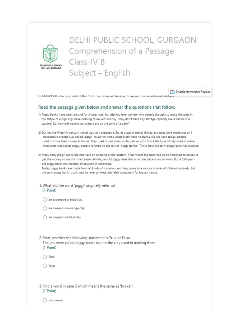 DELHI PUBLIC SCHOOL, GURGAON Comprehension of a Passage Class-IV B Subject – English | PDF