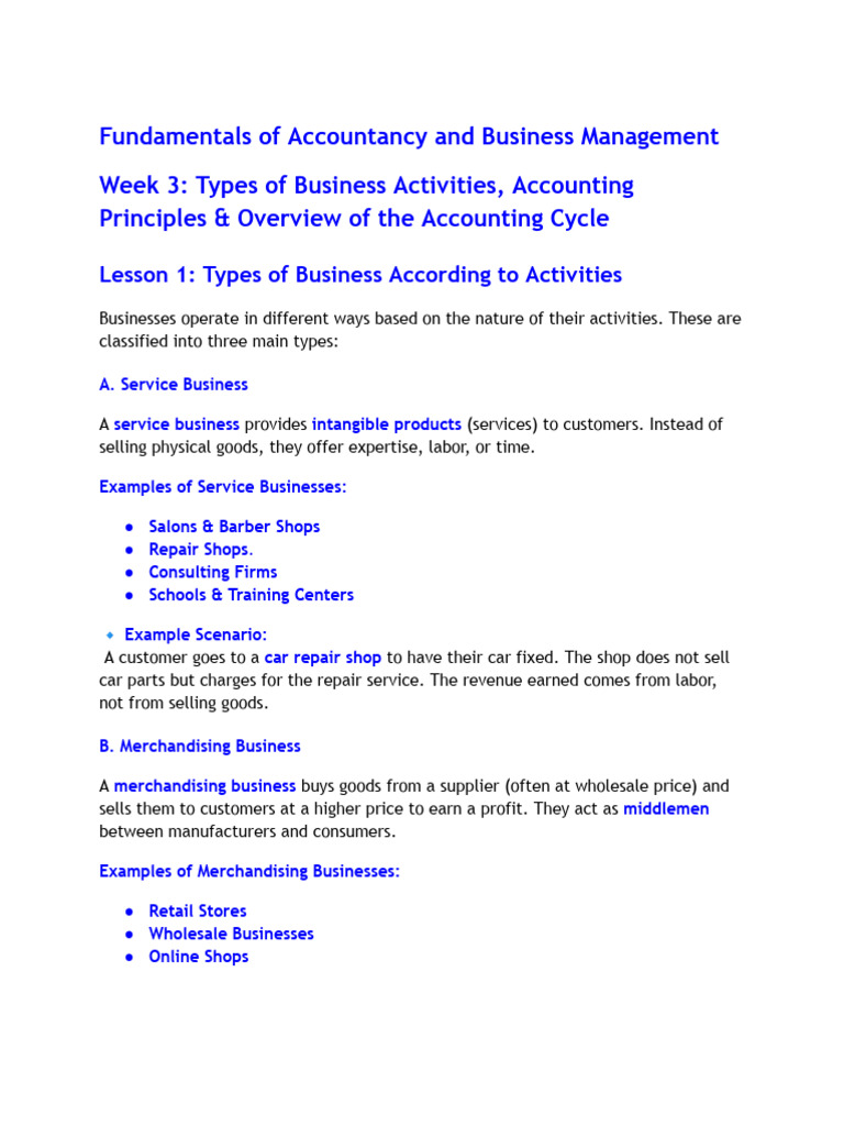 FABM _Week3_Handout_Types of Business Activities, Accounting Principles ...