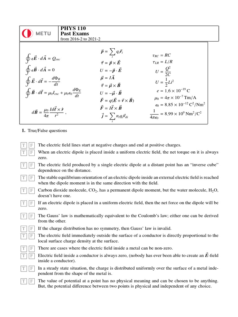 Phys 110 Past Exams | PDF | Capacitor | Magnetic Field
