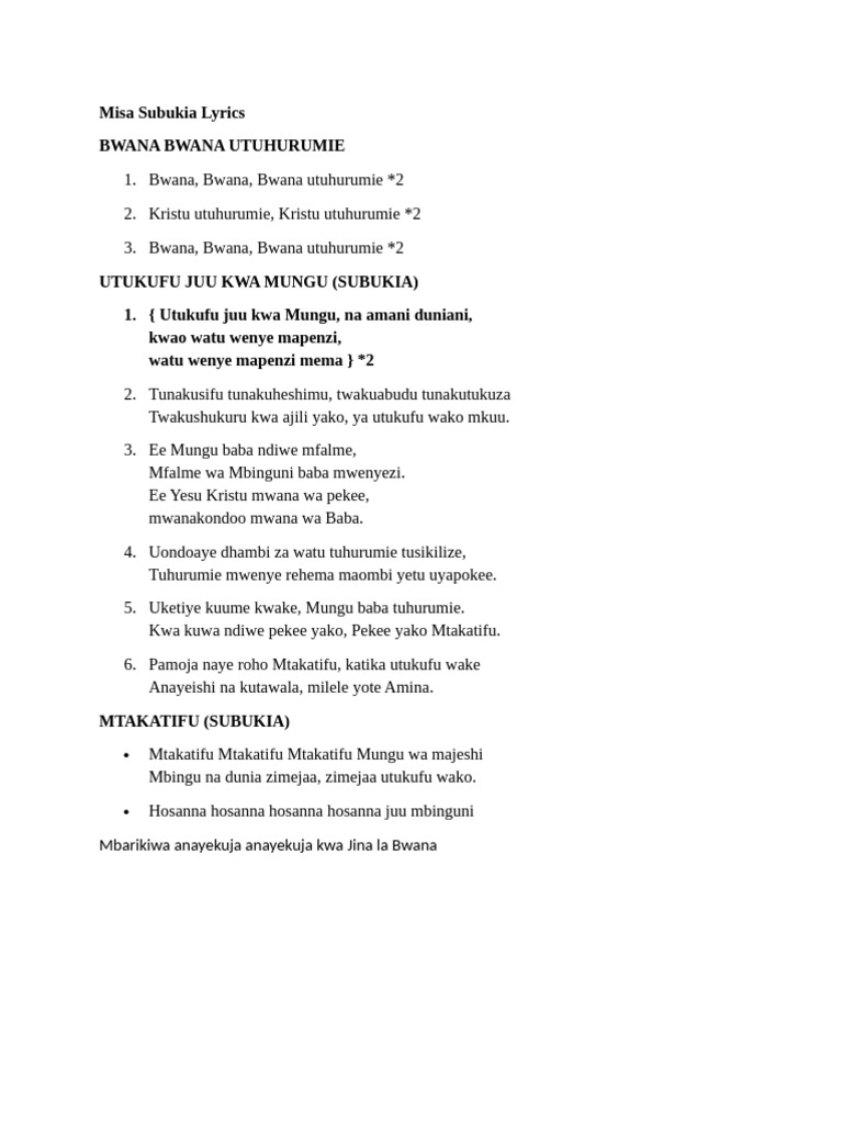 Misa Subukia Lyrics | PDF