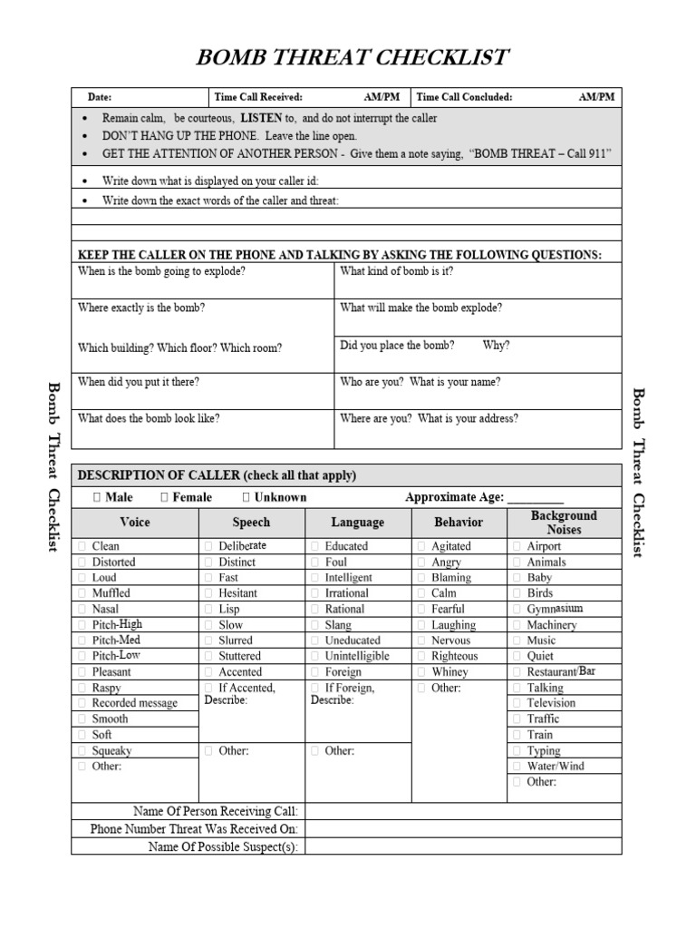 Bomb Threat Checklist | PDF