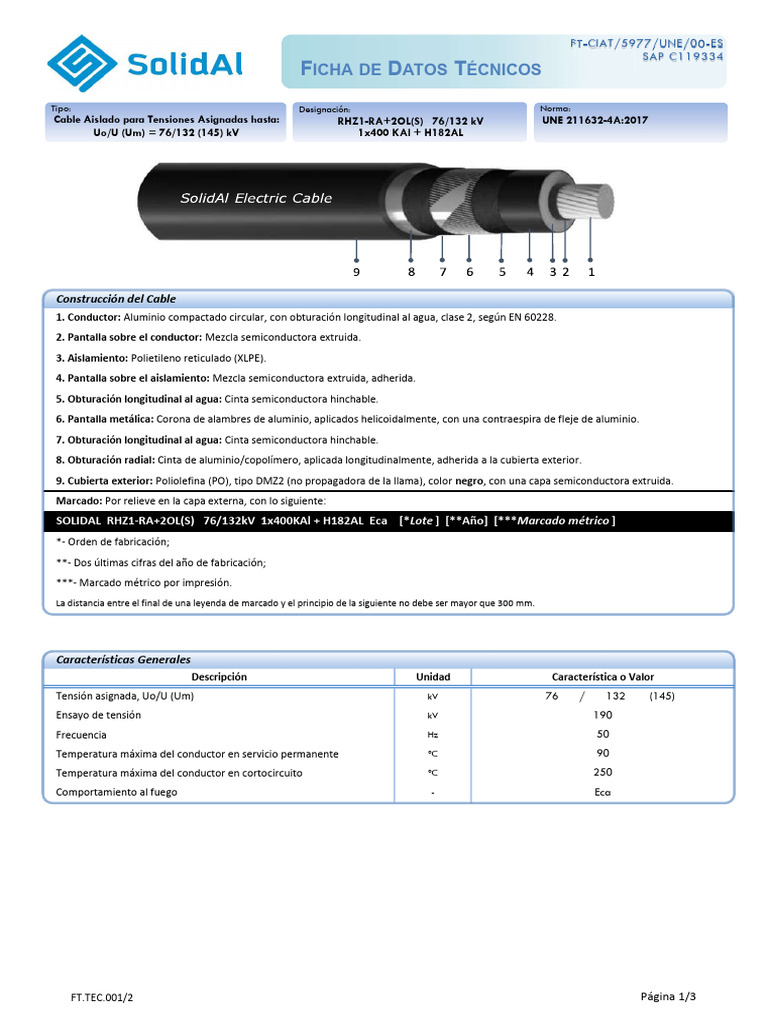 Ficha Tecnica Cable RHZ1-RA+2OL (S) | PDF | Ingeniería de Edificación ...