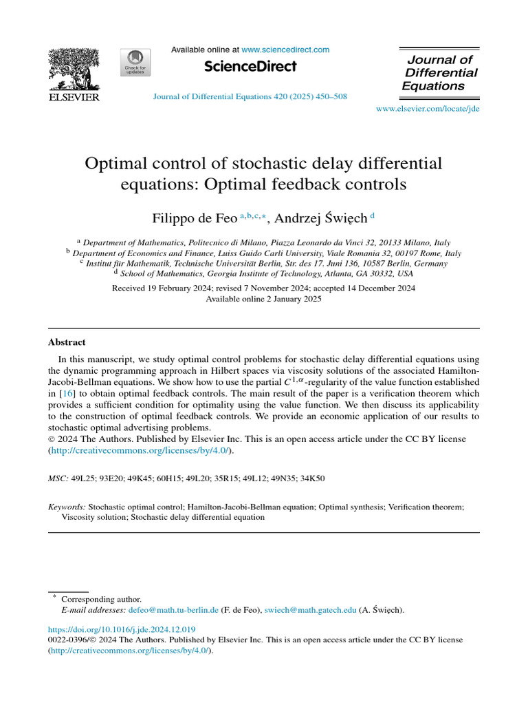 Optimal Control for Stochastic Delay Equations | PDF | Optimal Control ...
