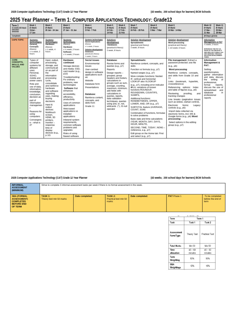 2025 CAT Grade 12 Year Planner | PDF | Databases | Information