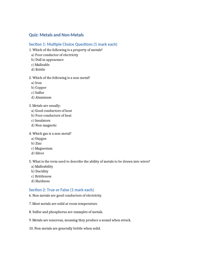 Metals and Non-Metals Quiz for Class 8 | PDF