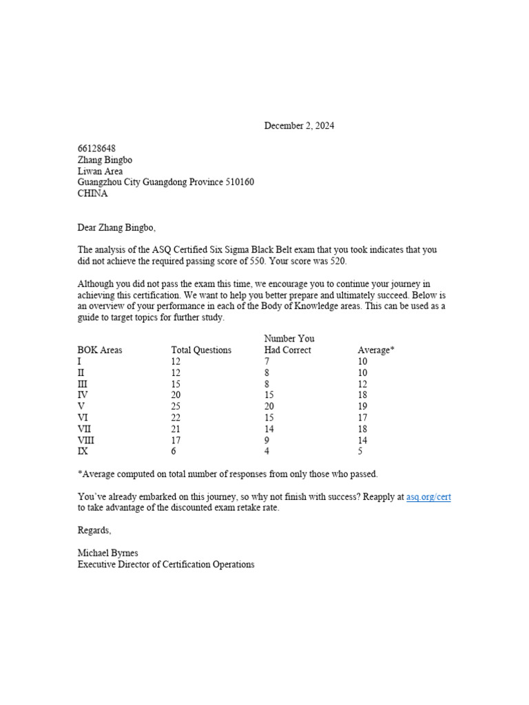 CSSBB Retake Letter 11-28-2024 | PDF