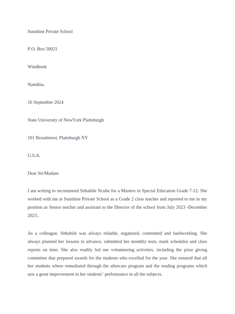 Recommendation Letter For Sithabile .L. Ncube | PDF