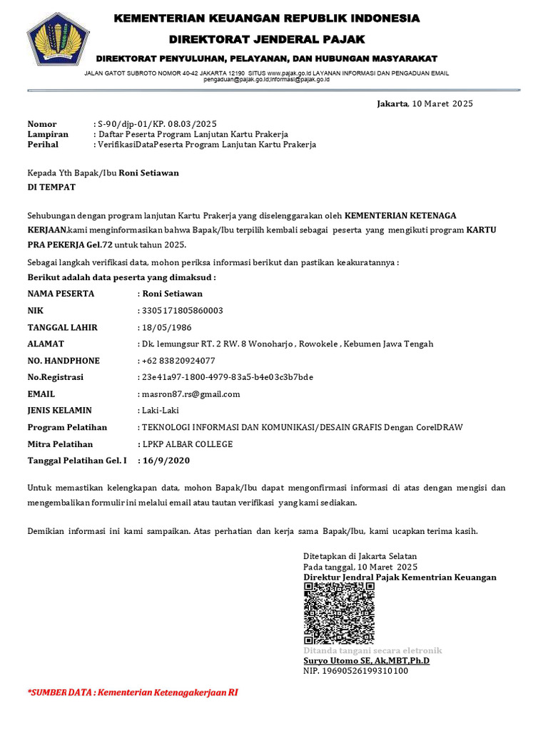 Surat Kementerian Keuangan Republik Indonesia Roni Setiawan | PDF