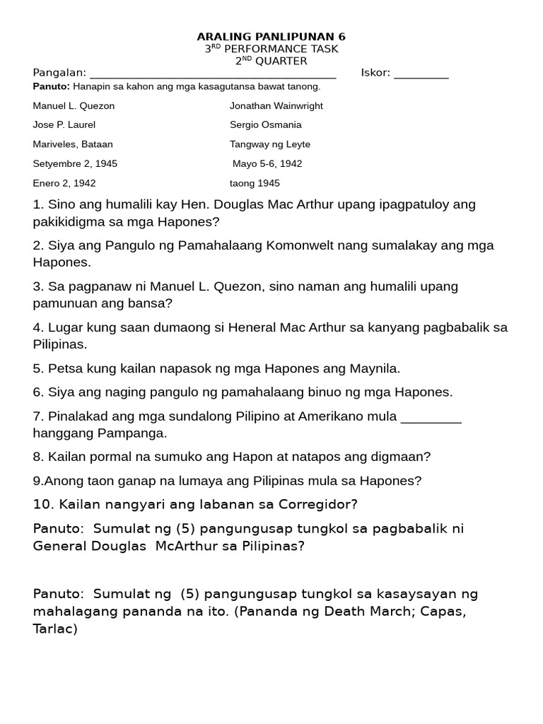 3 Performance Task 2 Quarter Pangalan: - Iskor | PDF