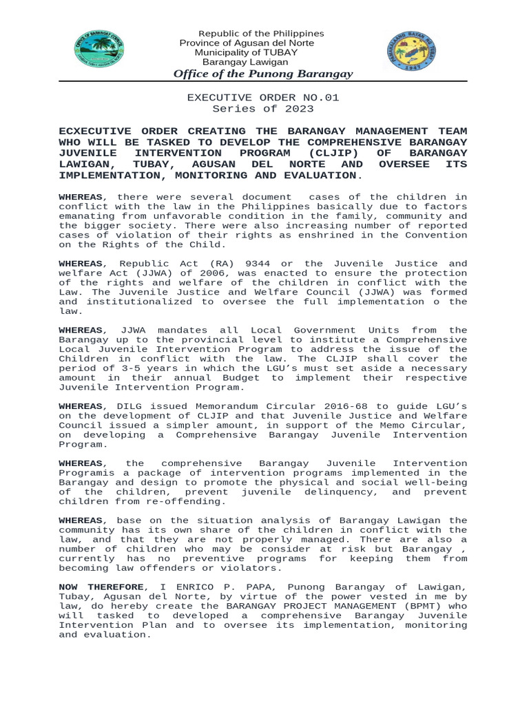 Executive Order No.1 (Cljip) | PDF | Justice | Crime & Violence