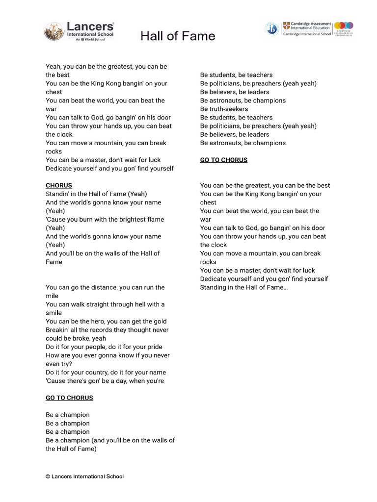 Hall Of Fame lyrics | PDF