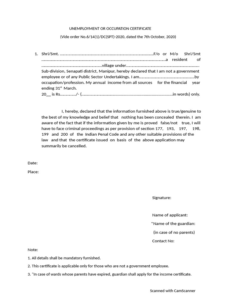 Apa UNEMPLOYMENT OR OCCUPATION CERTIFICATE | PDF