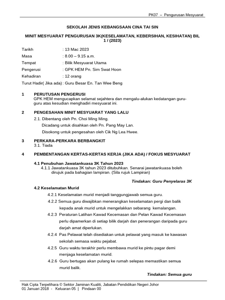 PK07-3 Format Minit Mesyuarat | PDF
