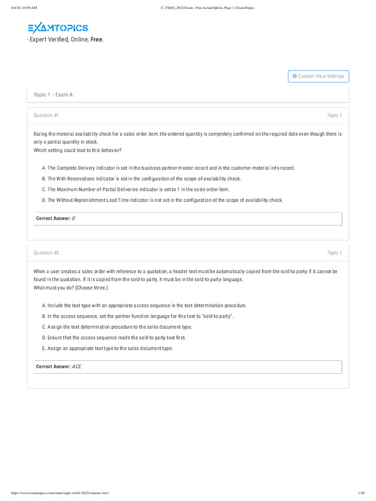 C - TS462 - 2022 Exam - Free Actual Q&As, Page 1 - ExamTopics | PDF | Pricing | Invoice