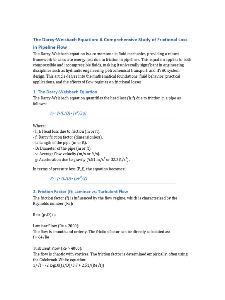 Darcy-Weisbach Equation A Comprehensive Study of Frictional Loss | PDF | Fluid Dynamics | Gas ...