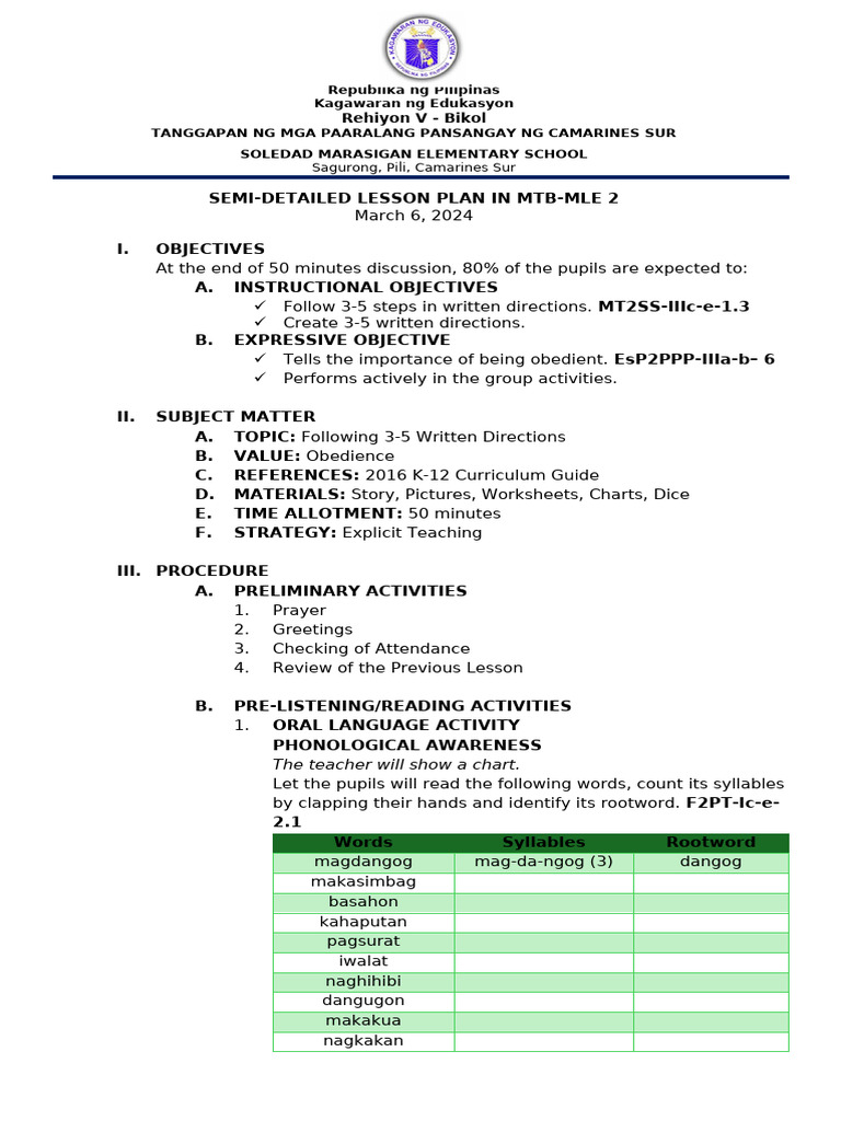 Following 3 to 5 Instruction Grade 2 - Lesson Plan | PDF | Lesson Plan ...