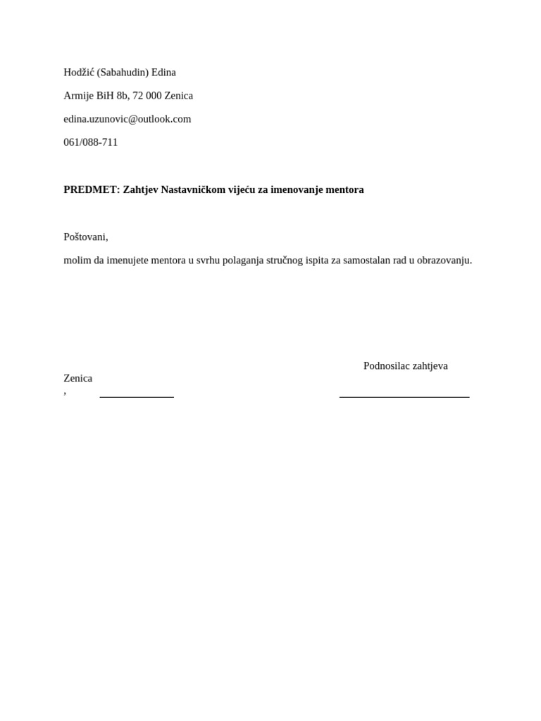 Zahtjev Mentor | PDF