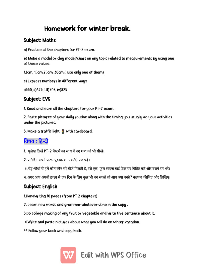 Winter Break Homework All Subjects | PDF