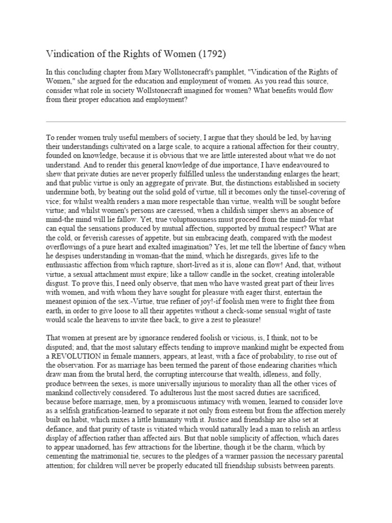 "Vindication of The Rights of Women" by Mary Wollstonecraft | PDF | A ...