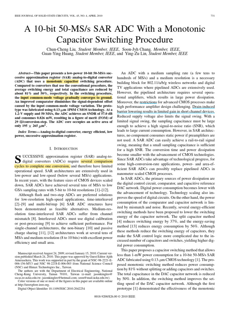 A 10-Bit 50-MSs SAR ADC With A Monotonic Switching Procedure | PDF | Analog To Digital Converter ...