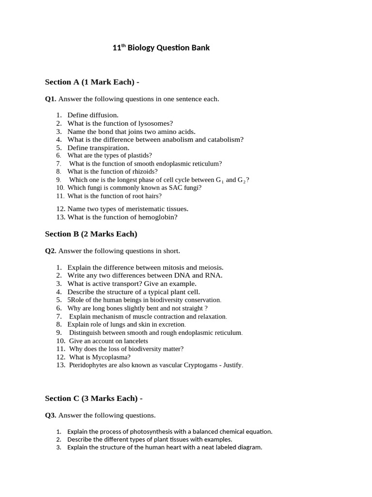 11th Biology Question Bank | PDF | Cell (Biology) | Biology