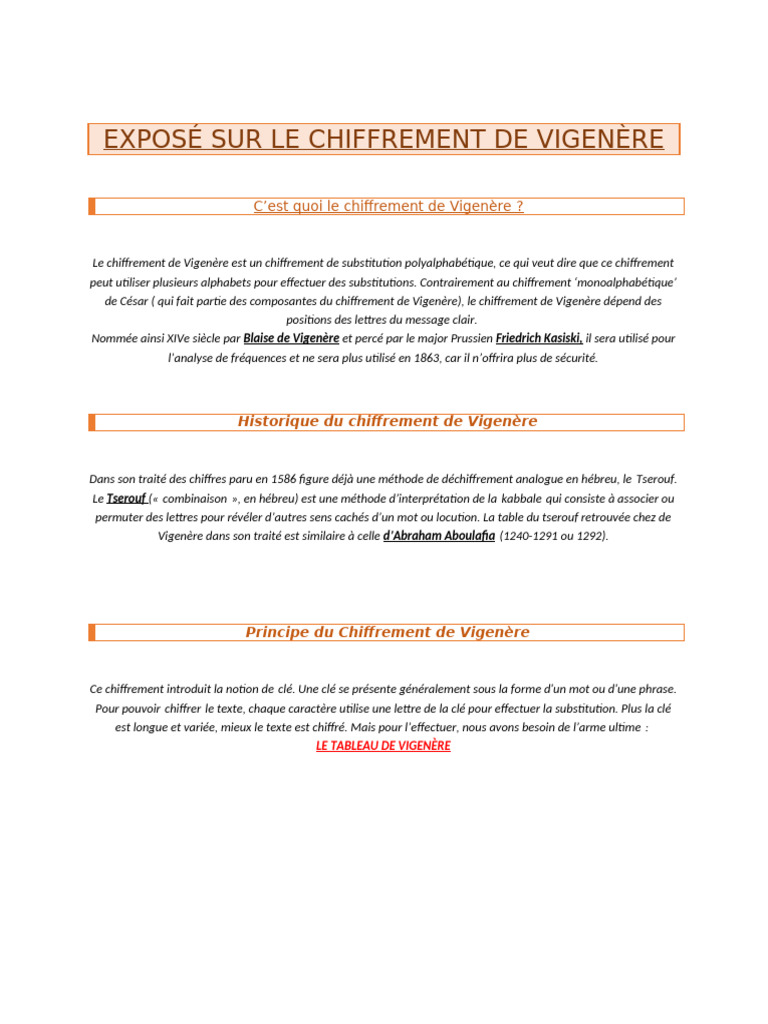 Exposé Sur Le Chiffrement de Vigenère | PDF | Secret | Communications ...