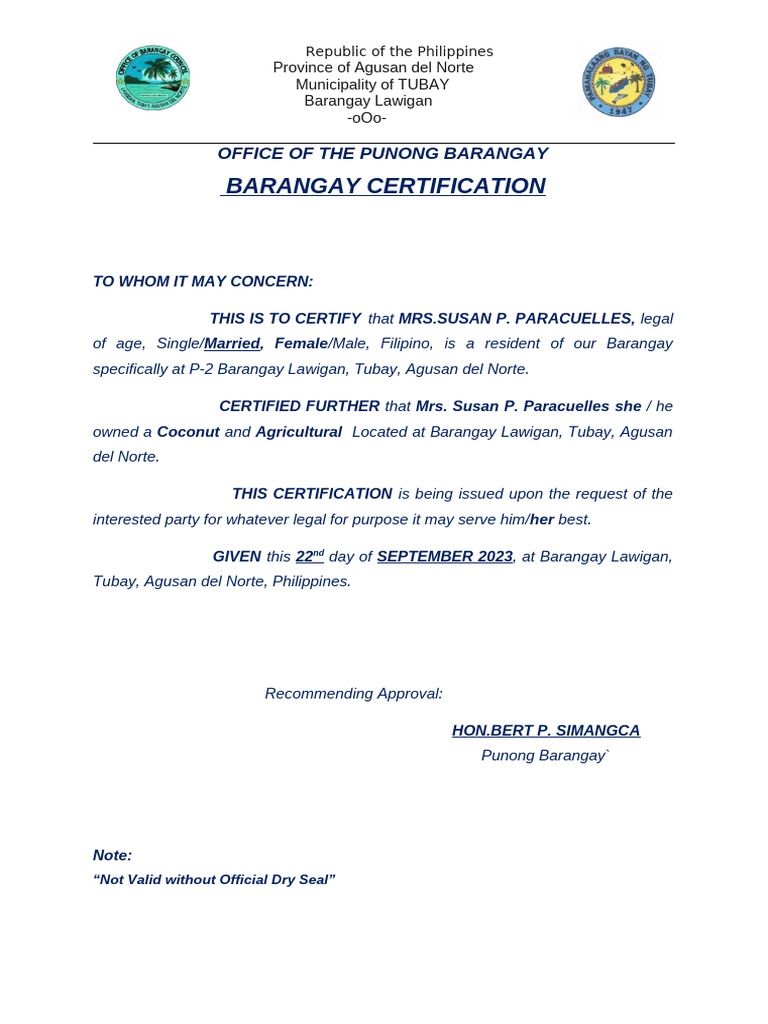 Barangay Coconut Certification | PDF