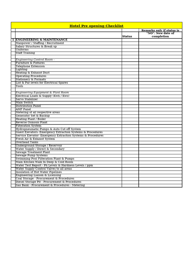 PRE OPENING CHECKLIST | PDF | Desk | Water Heating