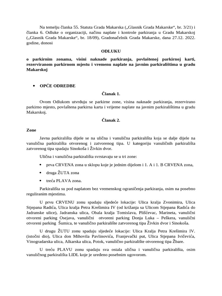 Odluka o Parkirnim Zonama Visini Naknade Povlastenoj Karti Rezevriramom Parkirnom Mjestu I ...