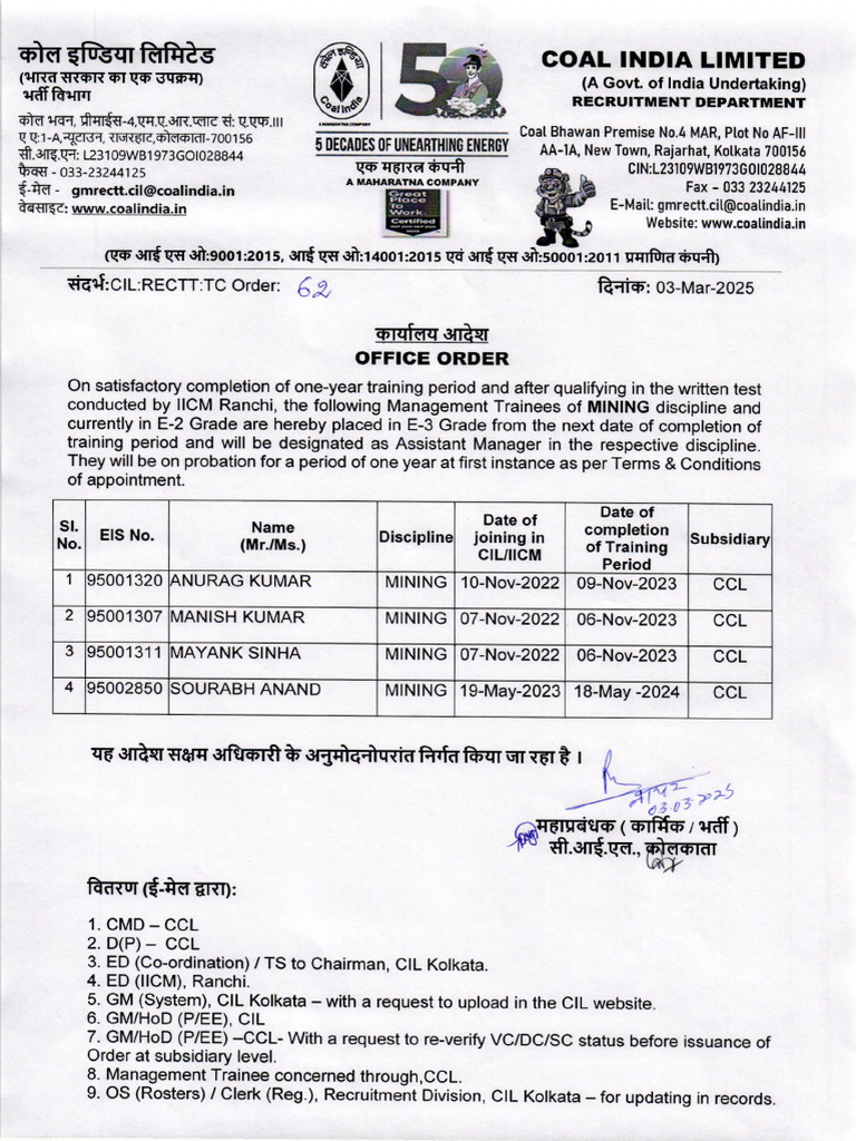 Training Closure Order No. 62 Dated 03.03.2025 in Respect of 04 ...