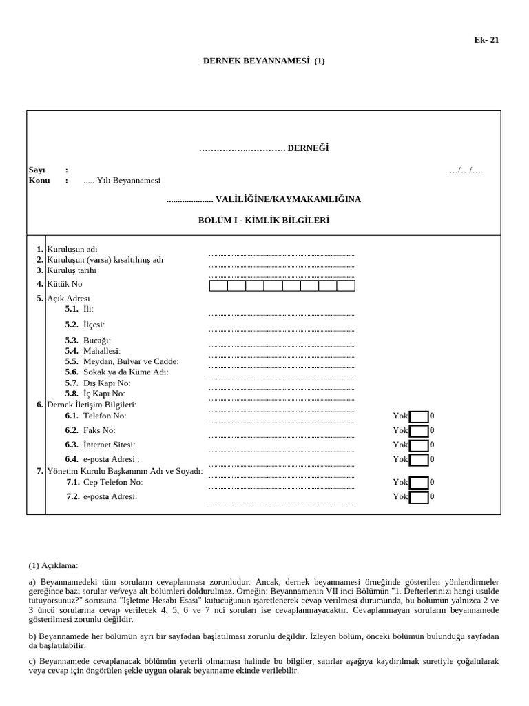Ek - 21 DERNEK BEYANNAMESI ORNEGI | PDF