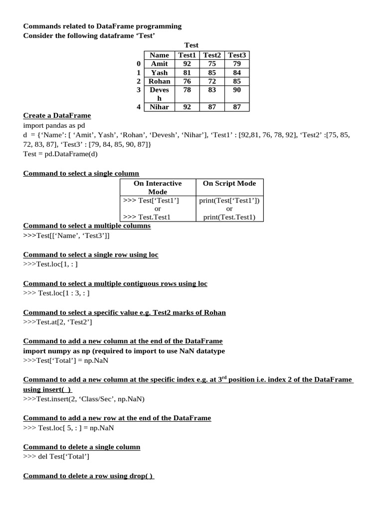 Commands Related to DataFrame Programming | PDF | Computing | Computer Programming