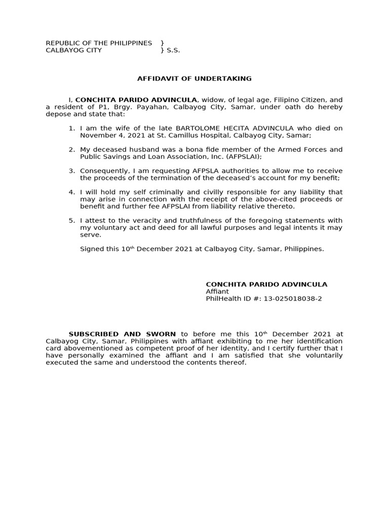 Affidavit of Undertaking | PDF