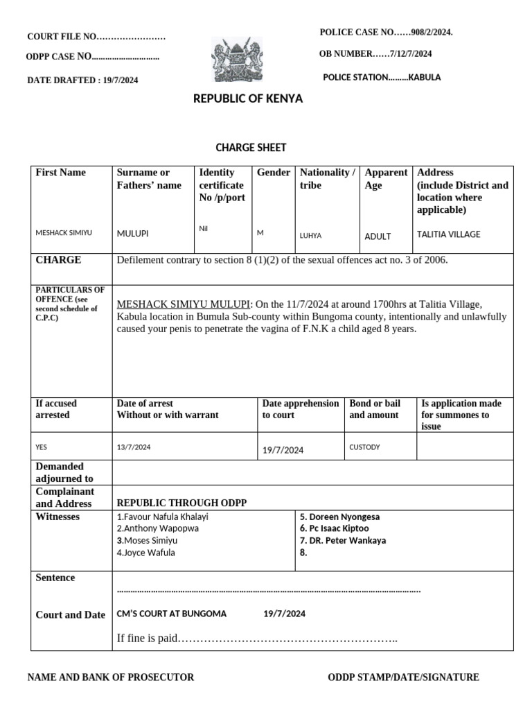 Charge sheet Meshack | PDF | Bail | Crime & Violence