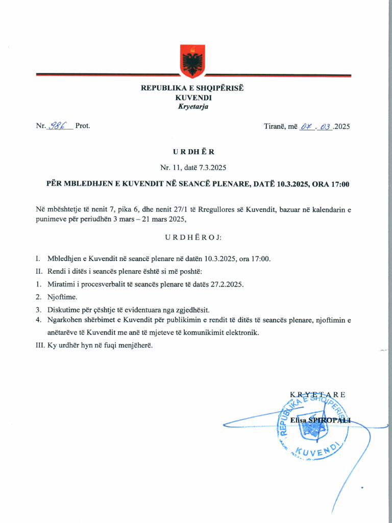 202503071503399383urdhër Dhe Rendi I Ditës "Për Mbledhjen e Seancës Plenare, Të Datës 10.3.2025 ...