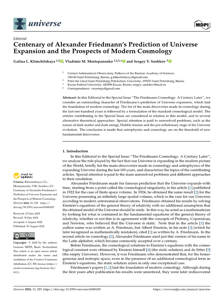 Centenary of Alexander Friedmann's Prediction of Universe Expansion and ...