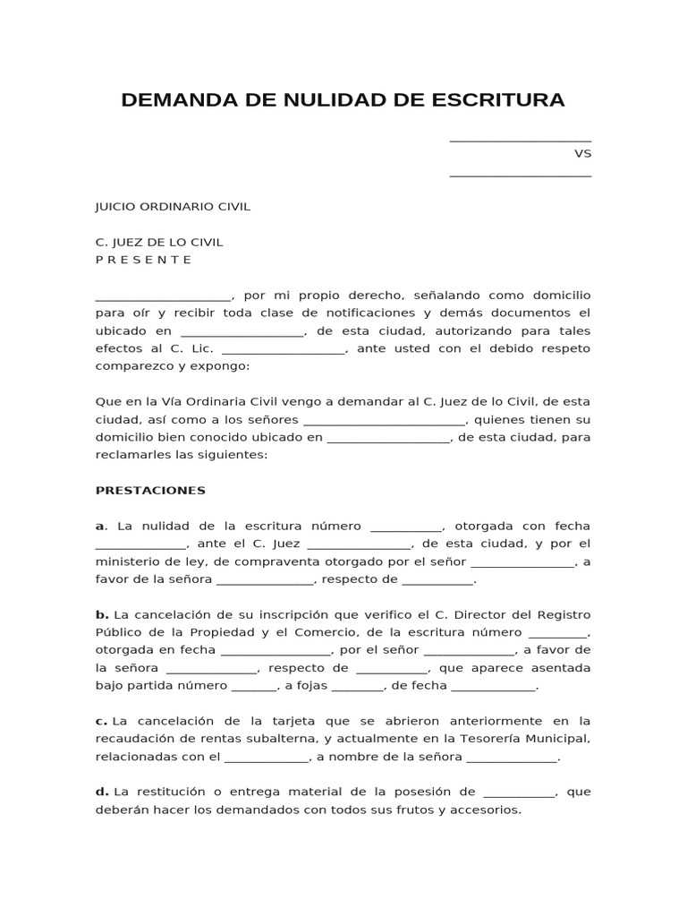Demanda De Nulidad De Escritura Pública Pdf Propiedad Demanda