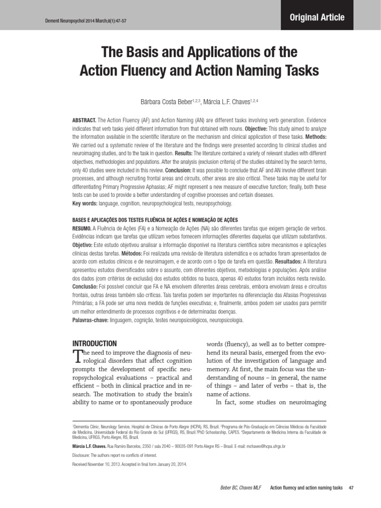The Basis and Applications of The Action Fluency and Action Naming Tasks | PDF | Schizophrenia ...